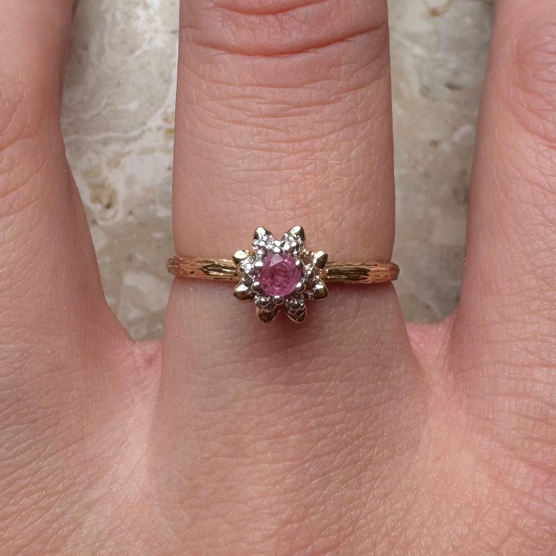 Vintage Tulip Ruby Halo Yellow Gold Ring - Etsy
