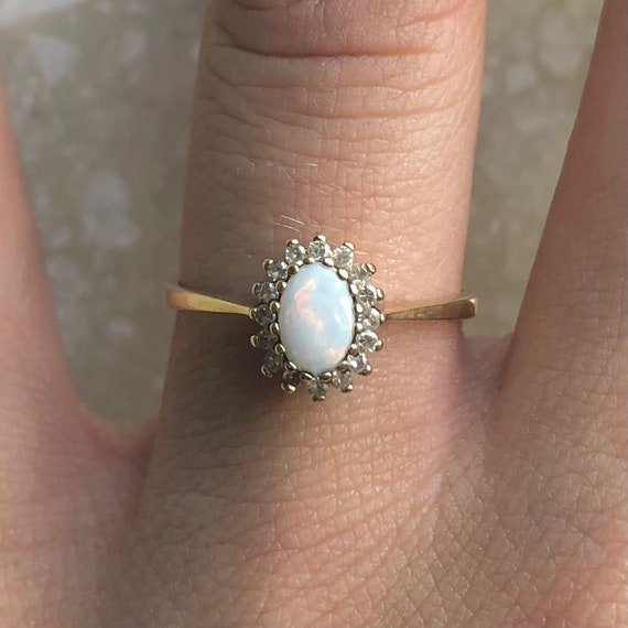 Opal Diamond Halo Oval Yellow Gold Vintage Ring - Gem