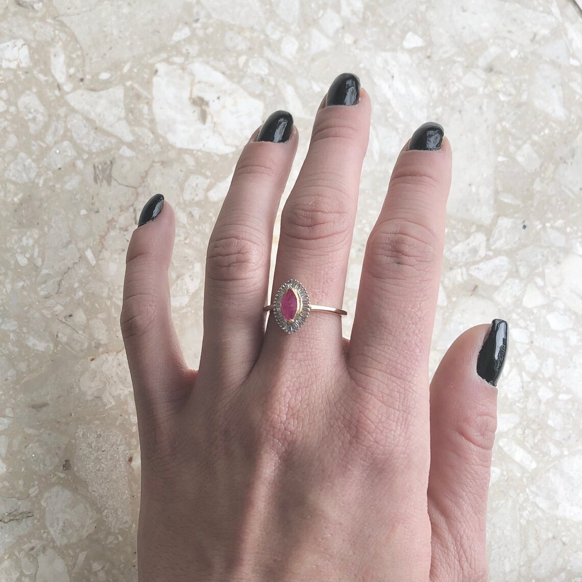 Marquise Ruby Diamond Baguette Halo Yellow Gold Sunburst Ring | Etsy