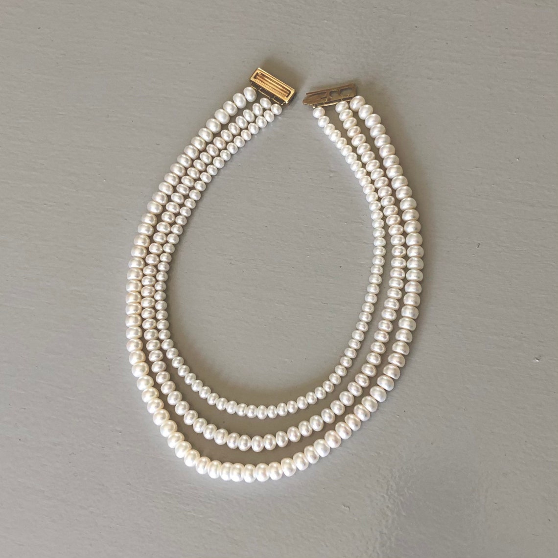 3 Strand Pearl 14k Yellow Gold String Vintage Necklace - Etsy