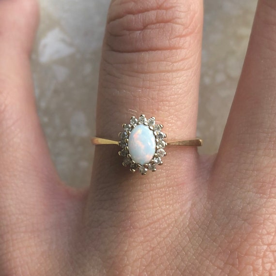 Opal Diamond Halo Oval Yellow Gold Vintage Ring - Gem