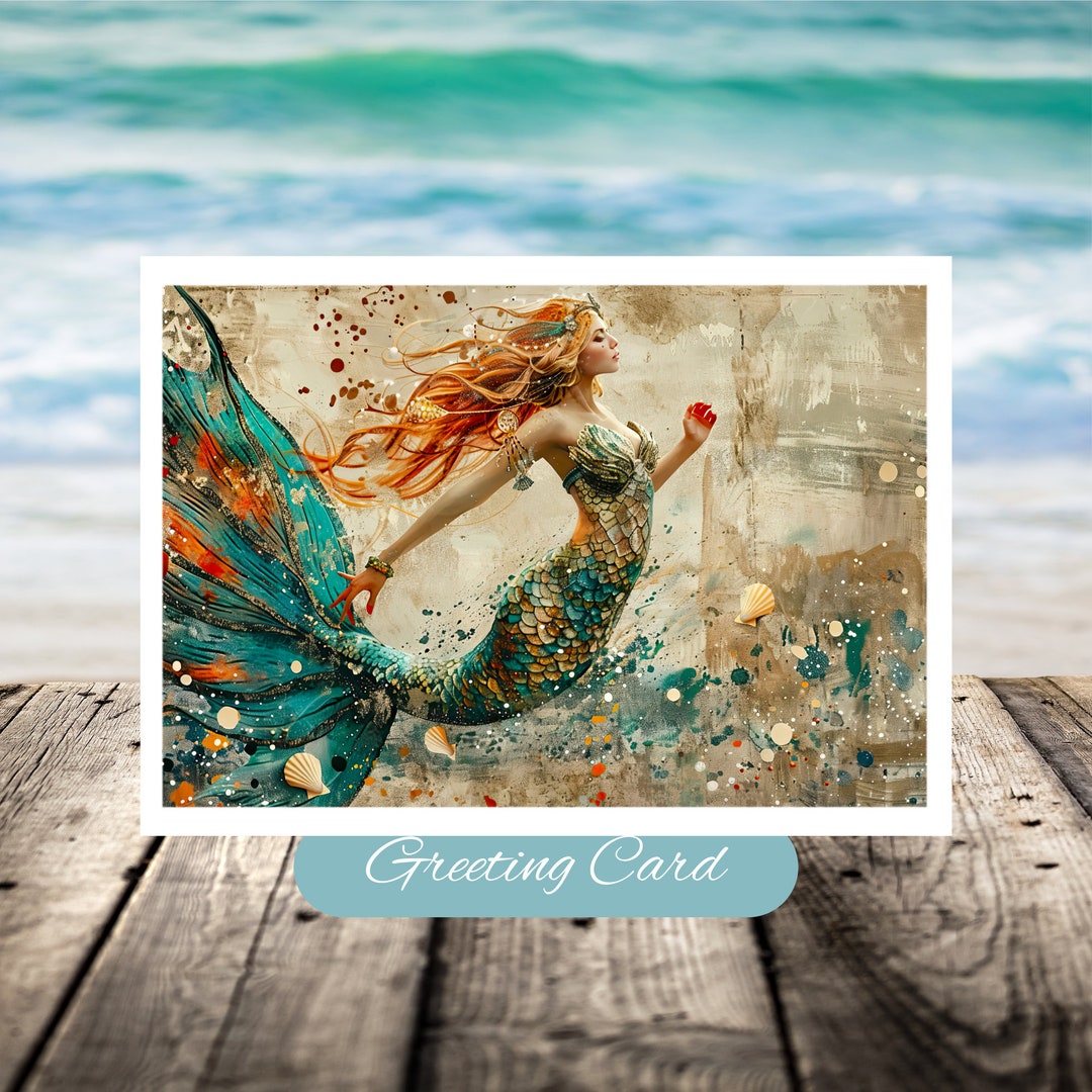 Ethereal Tides: A Mermaid's Journey Greeting Card, Beach and Coastal ...