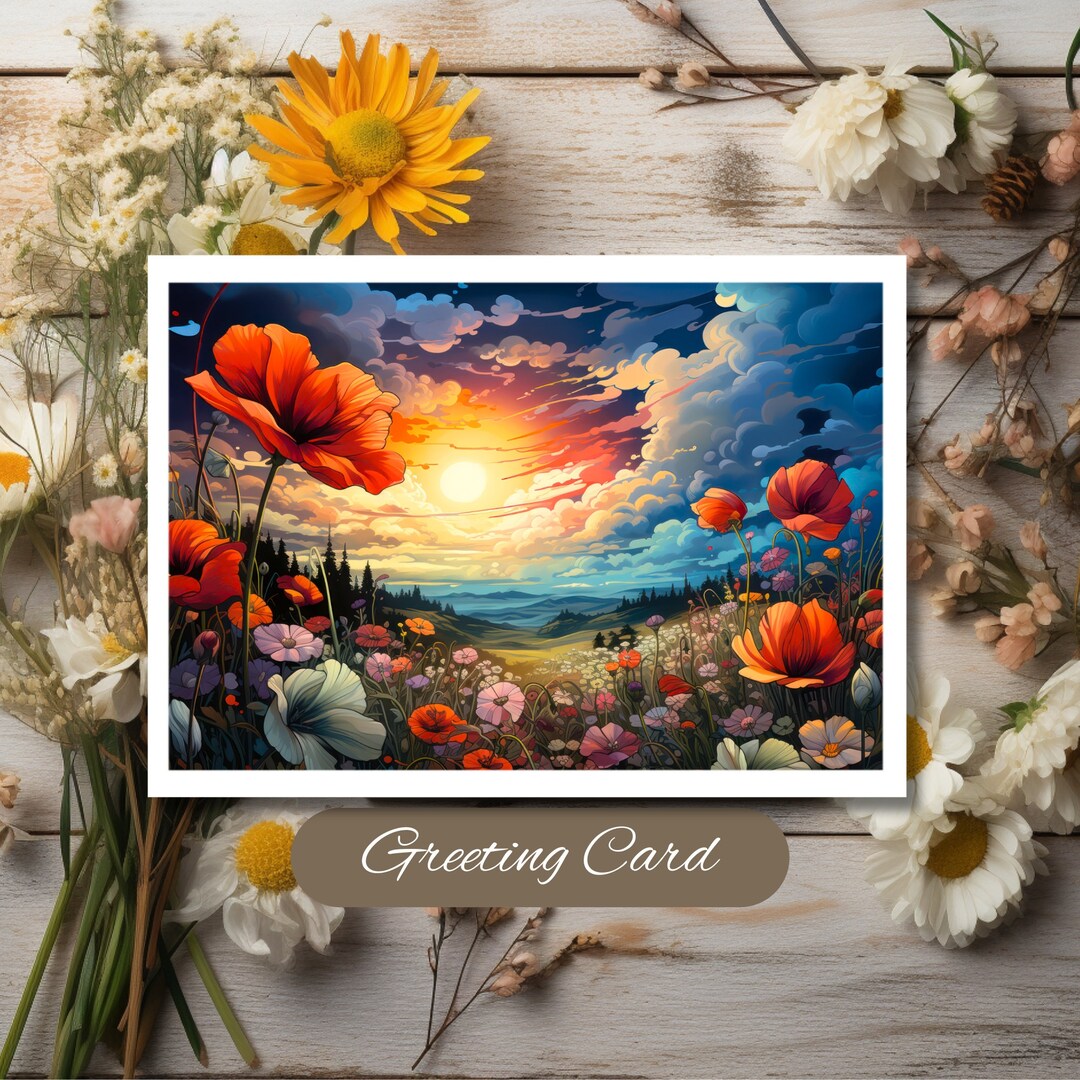Sunrise Wildflower Meadow Art Card: Blank Inside, Kraft Envelope - Etsy