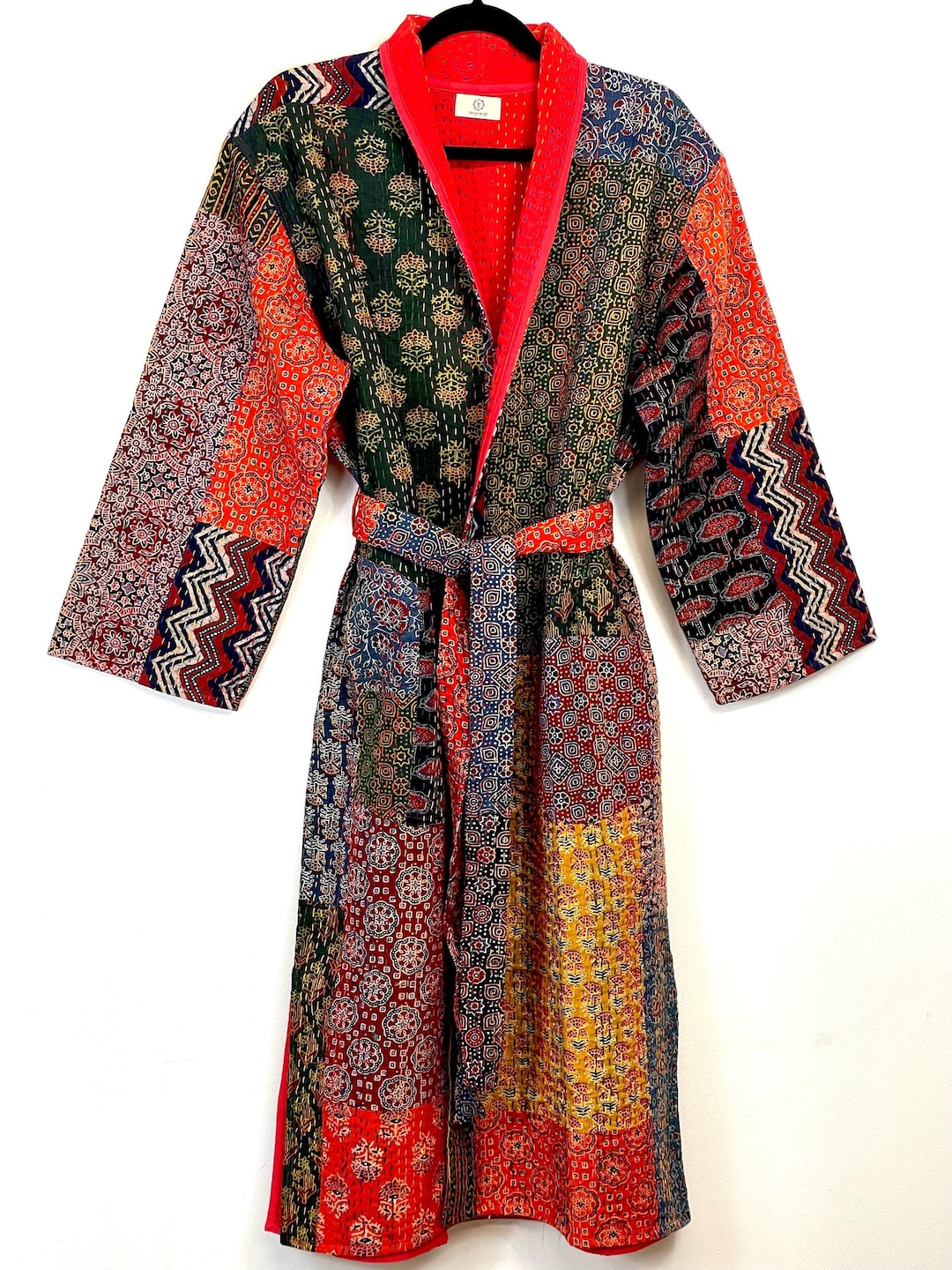 Handstitched Kantha Robe: Ajrakh Print Patchwork Cotton Long Jacket - Etsy