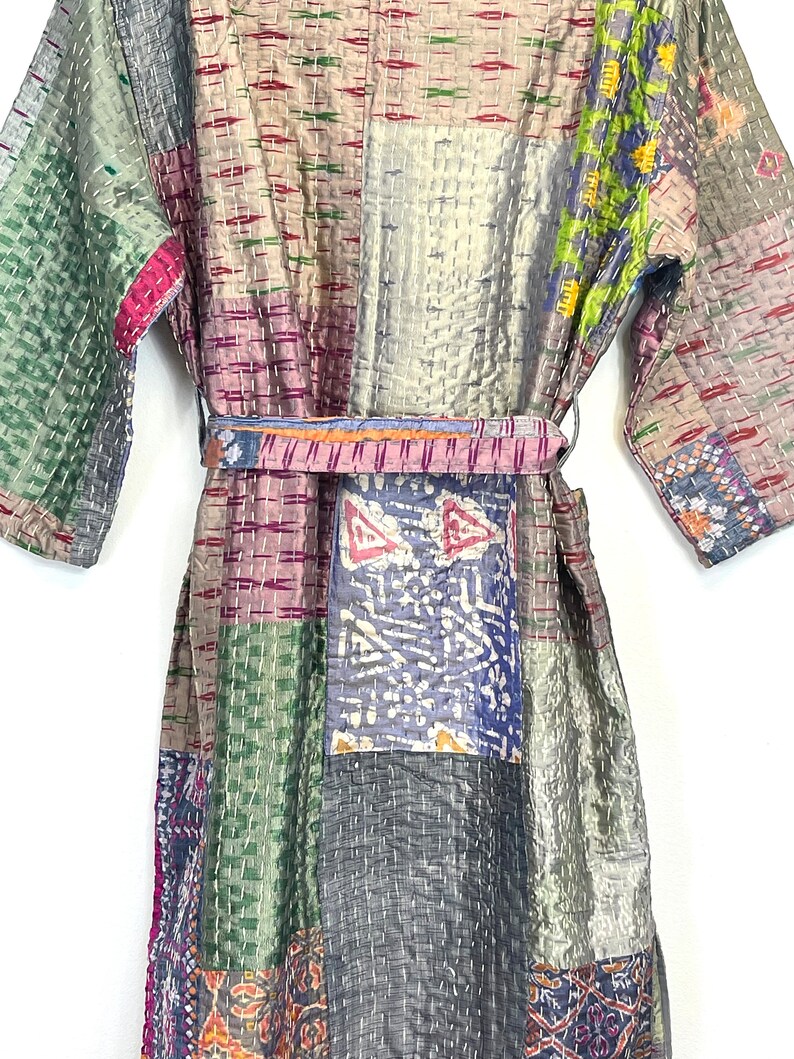 Pastel Grey Silk Kantha Patchwork Robe, Silk Kantha Robe, Long Jacket ...