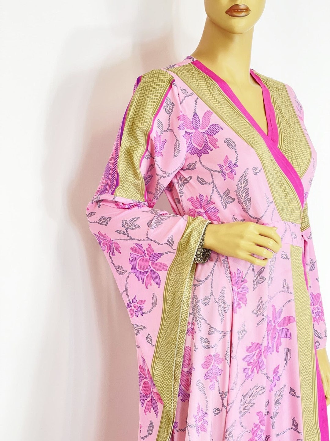 Long Sleeve Wrap Boho Dress, Vintage Sari Wrap Dress, Sari Wrap Pink ...