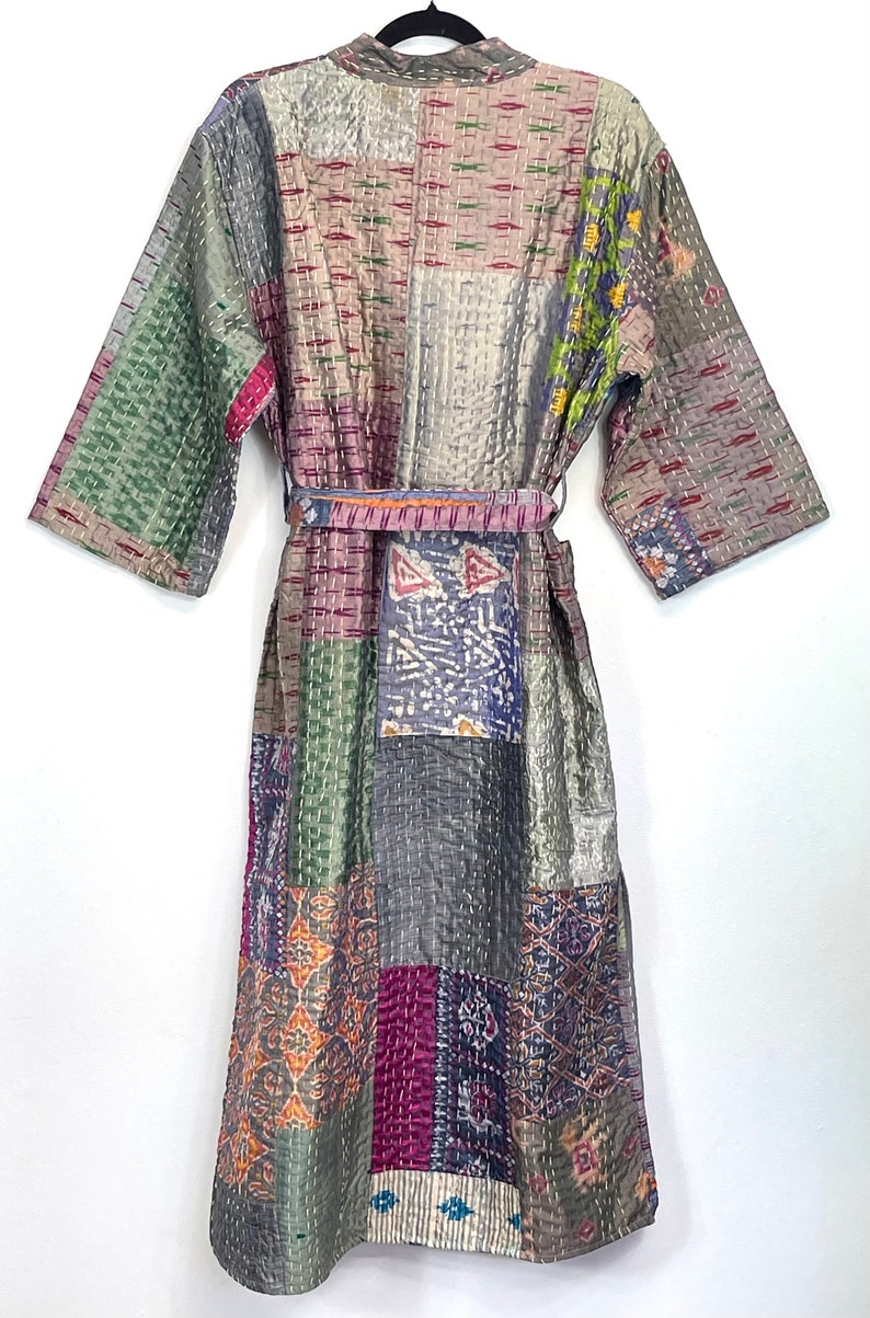 Pastel Grey Silk Kantha Patchwork Robe, Silk Kantha Robe, Long Silk ...