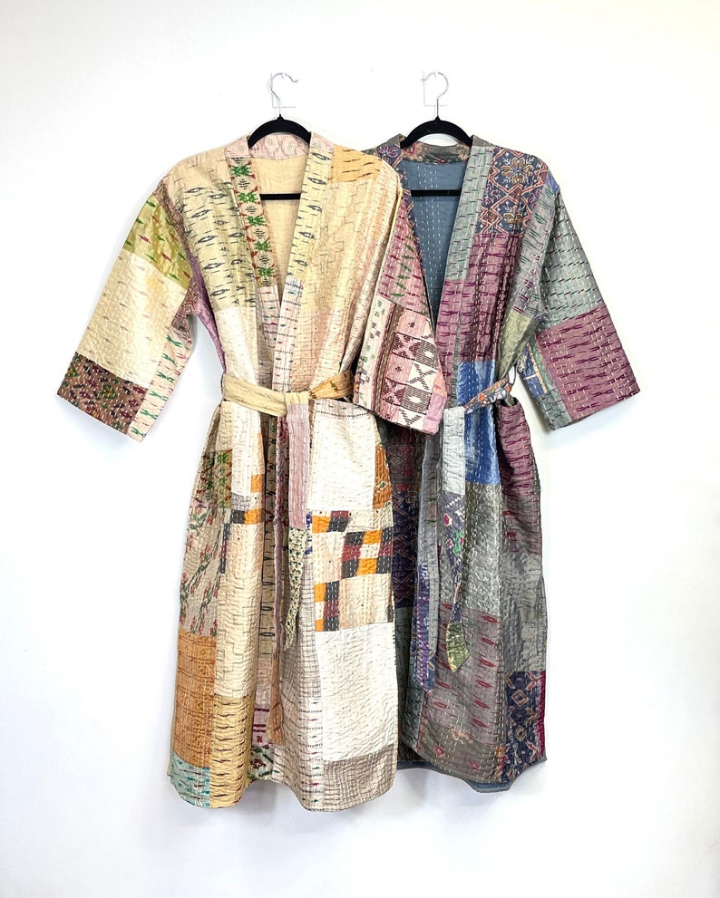Pastel Grey Silk Kantha Patchwork Robe, Silk Kantha Robe, Long Jacket ...
