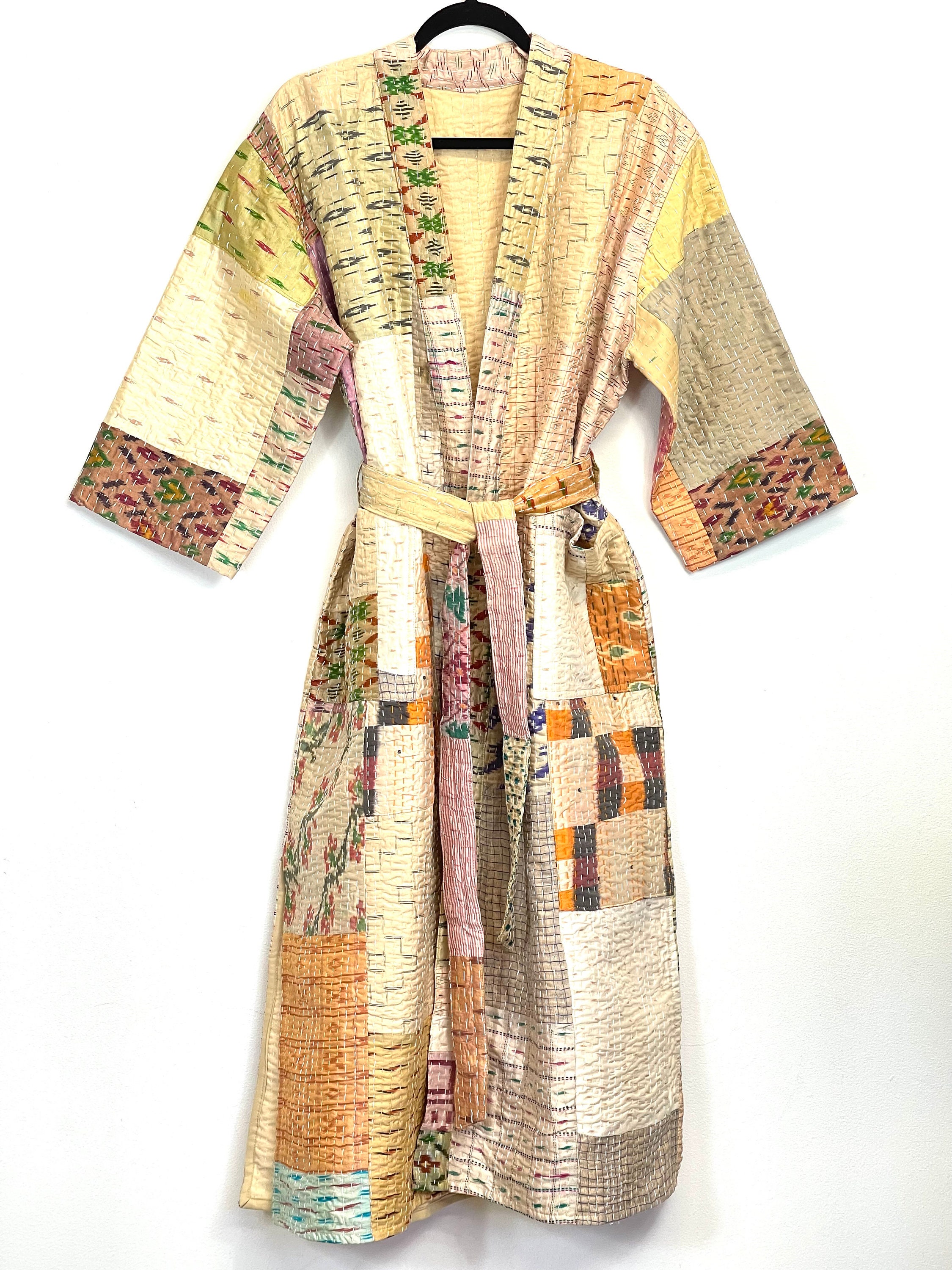 Pastel Grey Silk Kantha Patchwork Robe, Silk Kantha Robe, Long Silk ...
