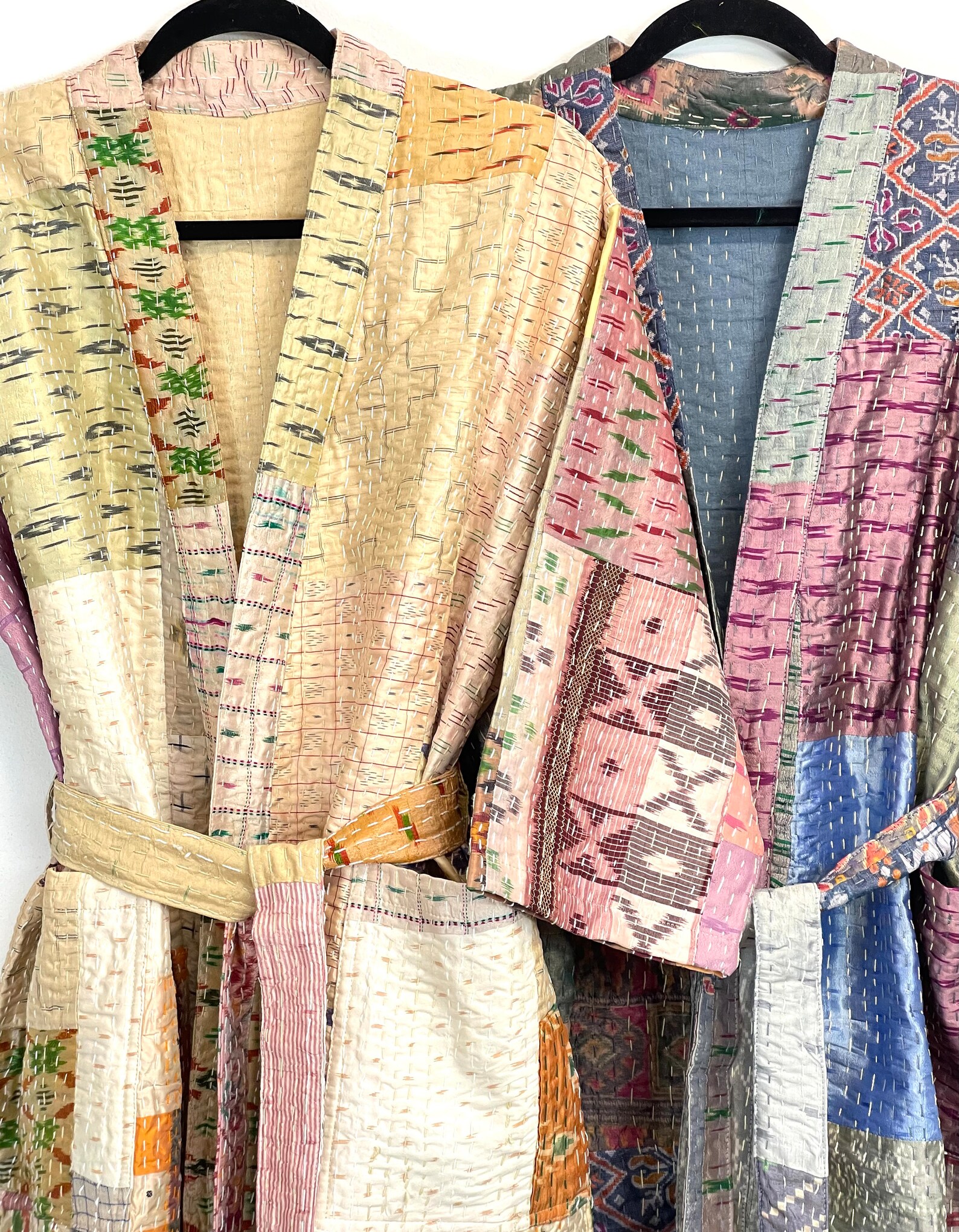 Pastel Grey Silk Kantha Patchwork Robe, Silk Kantha Robe, Long Silk ...