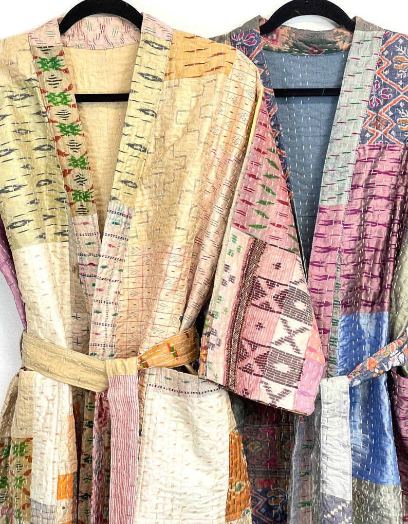 Pastel Grey Silk Kantha Patchwork Robe, Silk Kantha Robe, Long Jacket ...