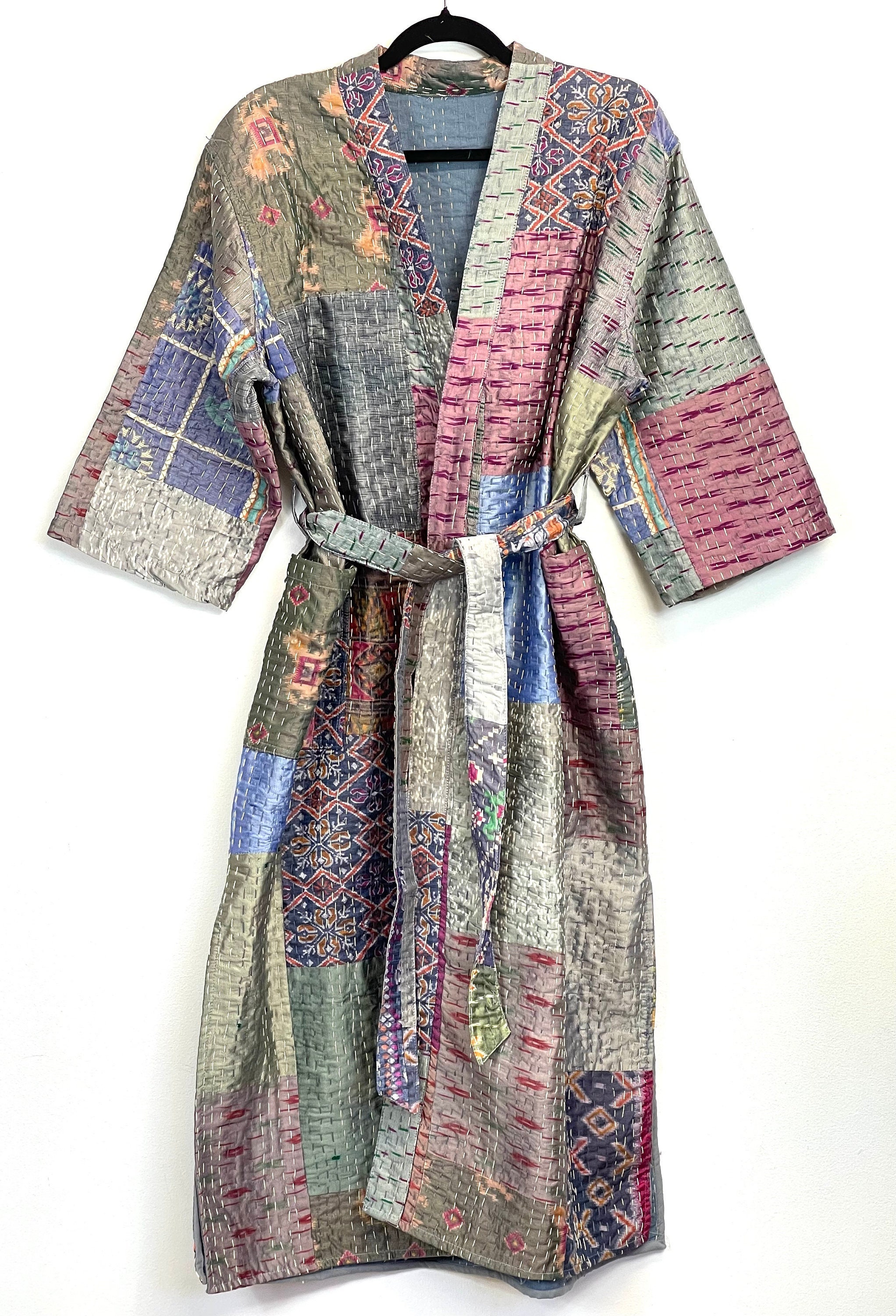 Pastel Grey Silk Kantha Patchwork Robe, Silk Kantha Robe, Long Silk ...