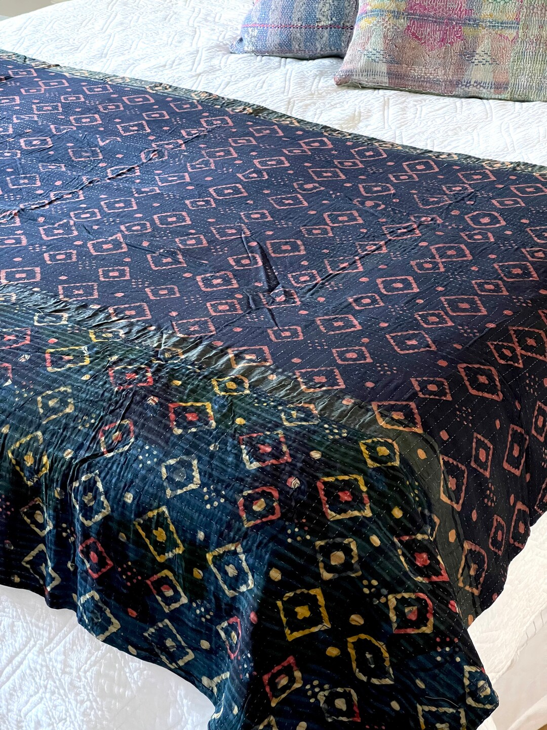 Indigo Blue Kantha Blanket, Multi Colored Overdyed Kantha, Indigo ...