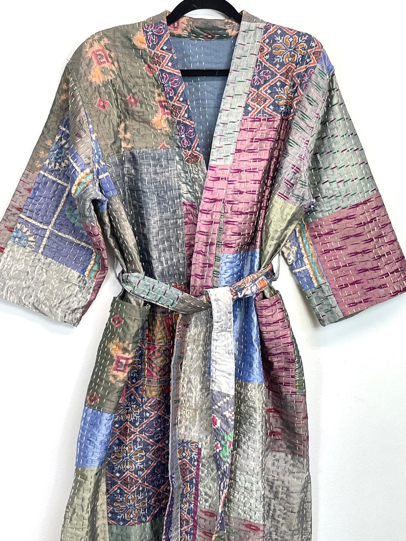 Pastel Grey Silk Kantha Patchwork Robe, Silk Kantha Robe, Long Silk ...