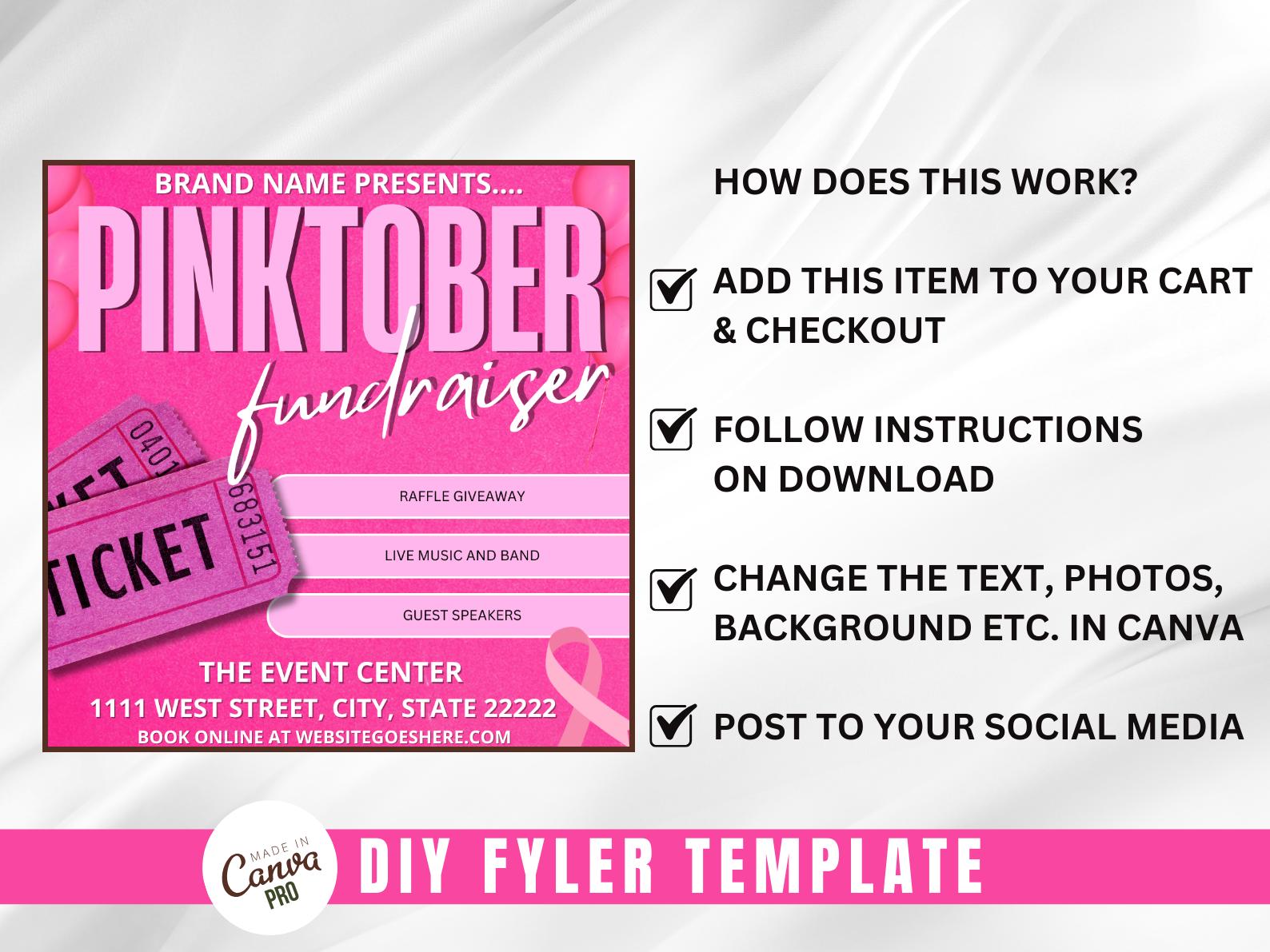 DIY Pinktober Fundraiser Raffle Canva Flyer, Breast Cancer Awareness ...