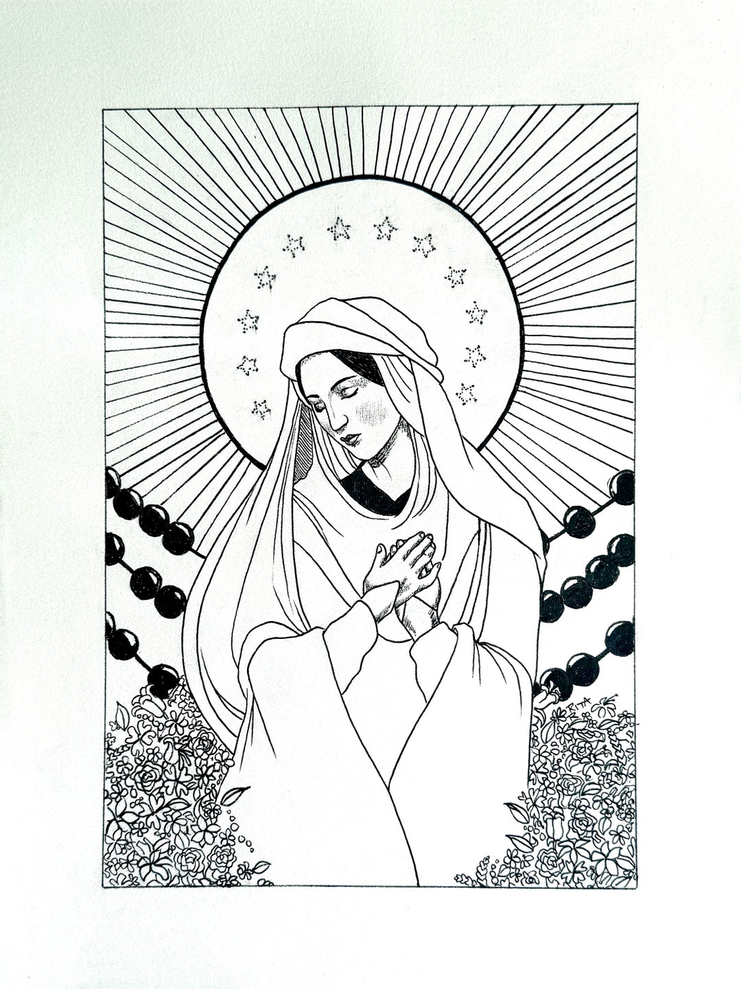 Blessed Virgin Mary Line Art Print, Hand Drawn - Etsy