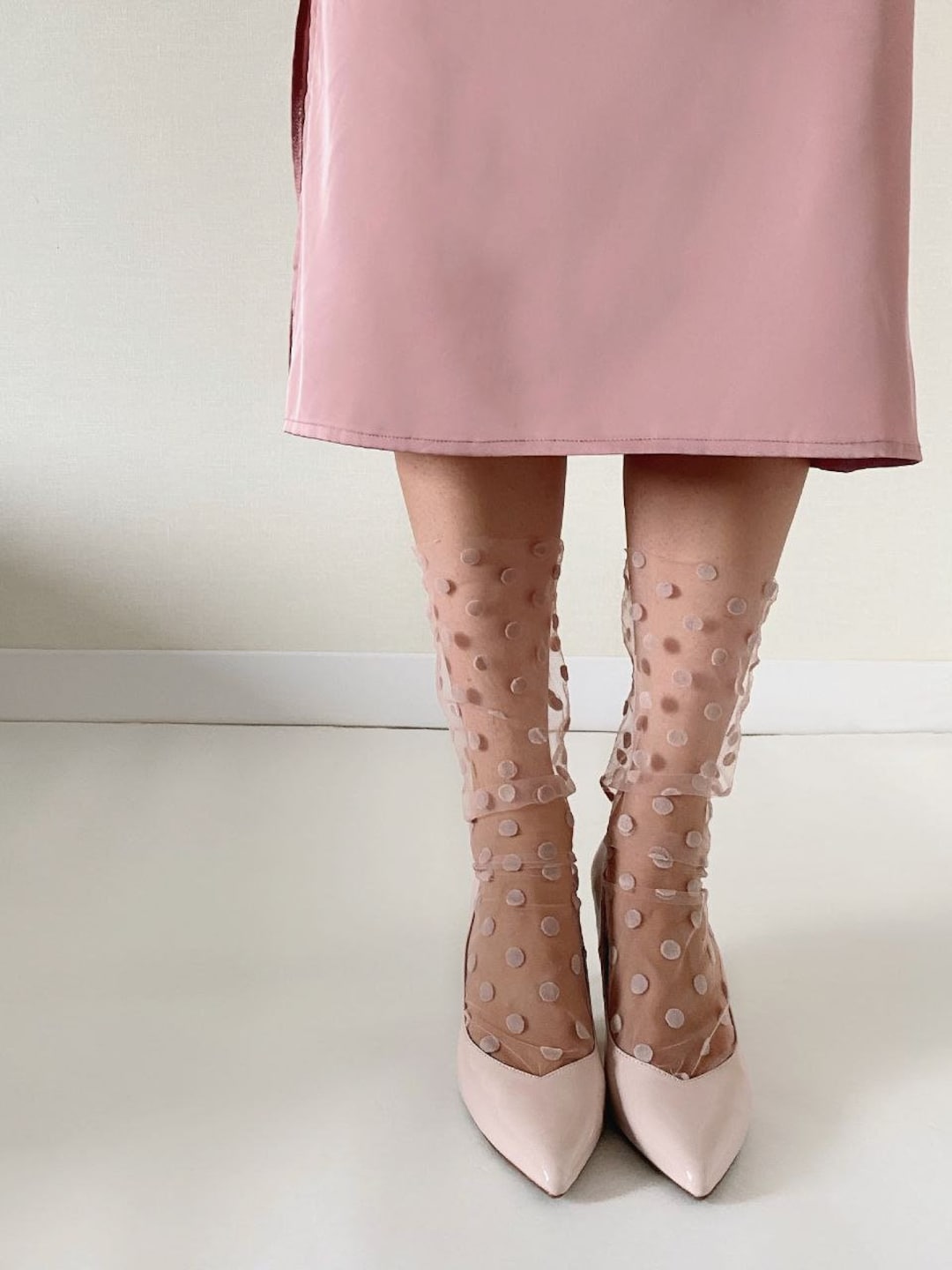 Powdery Sheer Tulle Nylon Polka Dot Socks, Lace Mesh Thin Cute Fashion ...