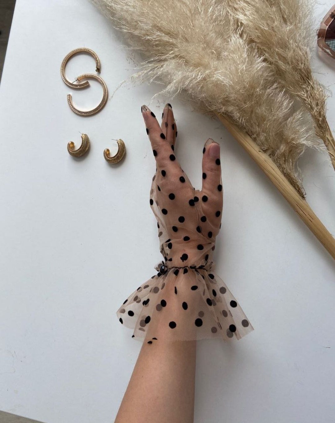 Tulle Gloves for Women Beige & Black Polka Dot Lace Opera Girls Gloves ...