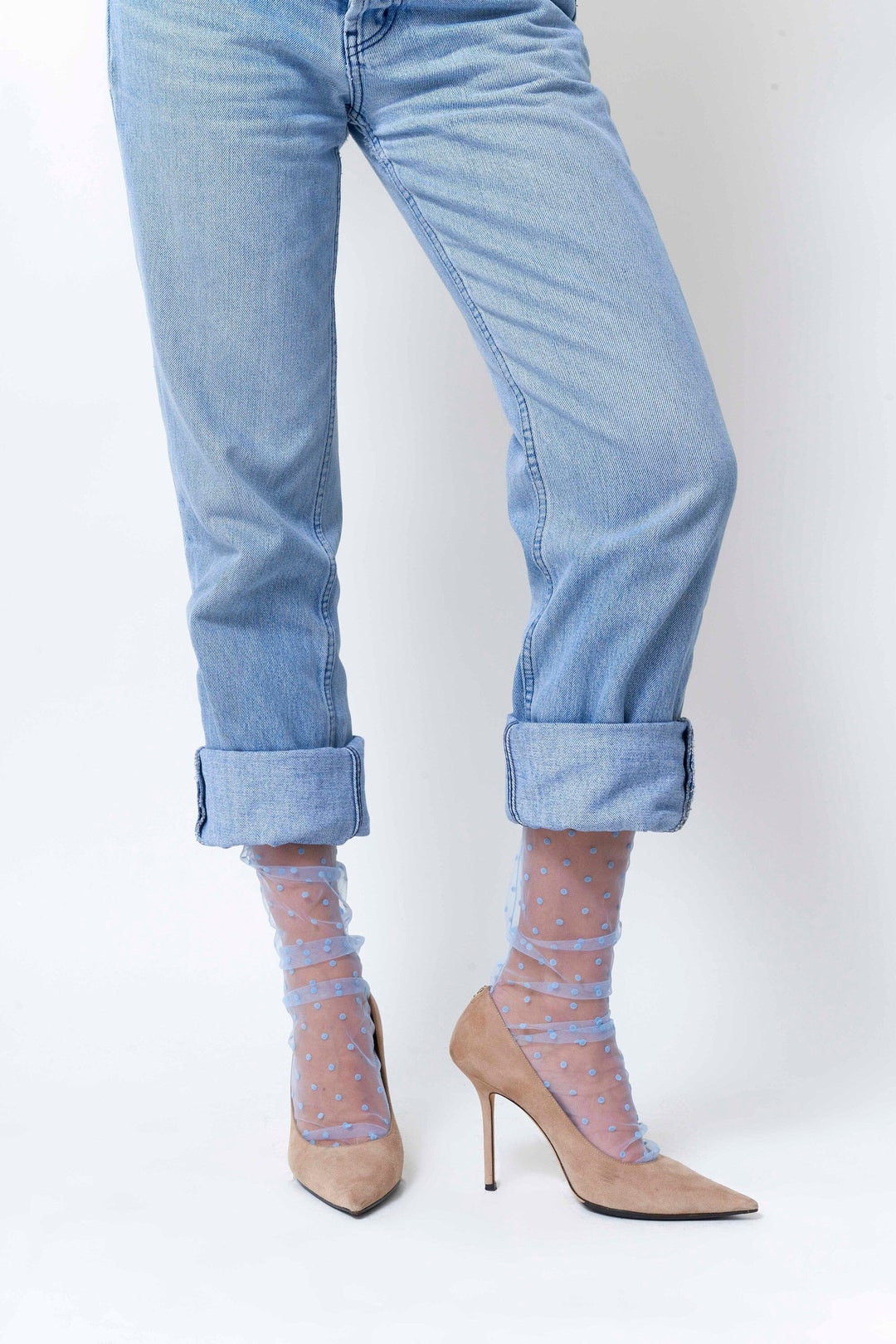 Blue Polka Dot Tulle Socks Sheer Socks Hosiery White Mesh Lace Socks ...