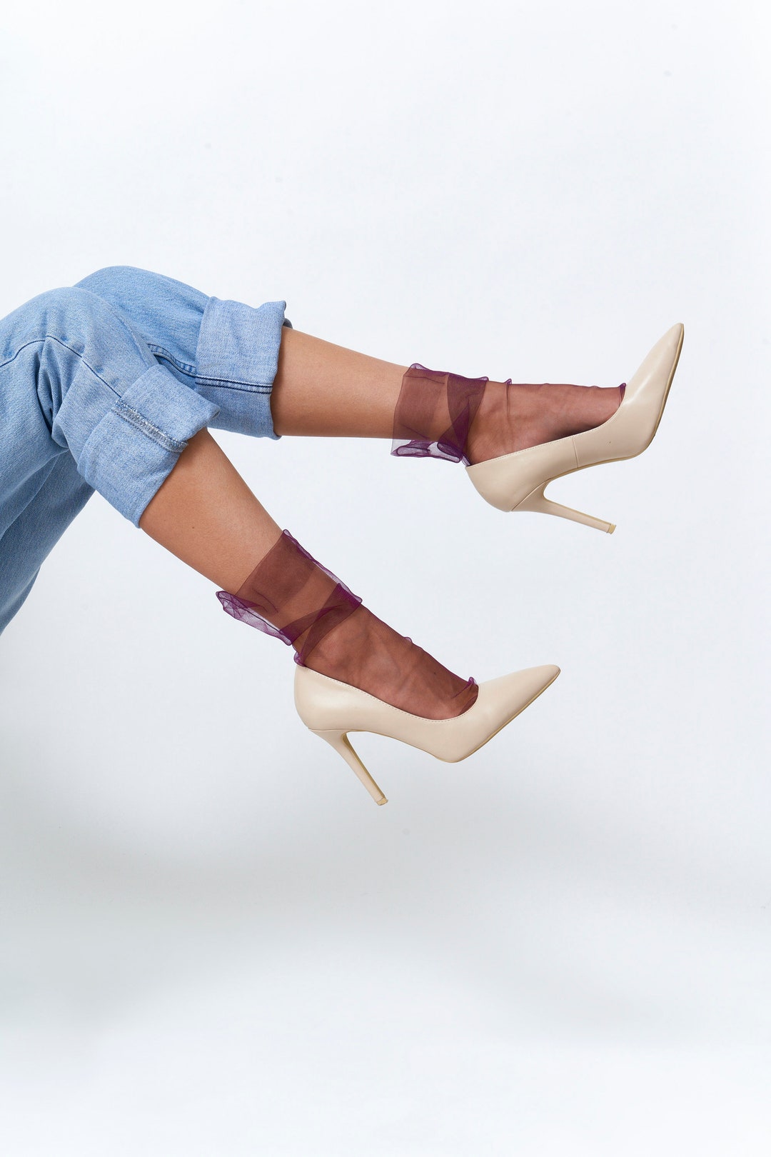 Sheer Tulle Socks, Eggplant Designer Transparent Lace Ankle Socks for ...