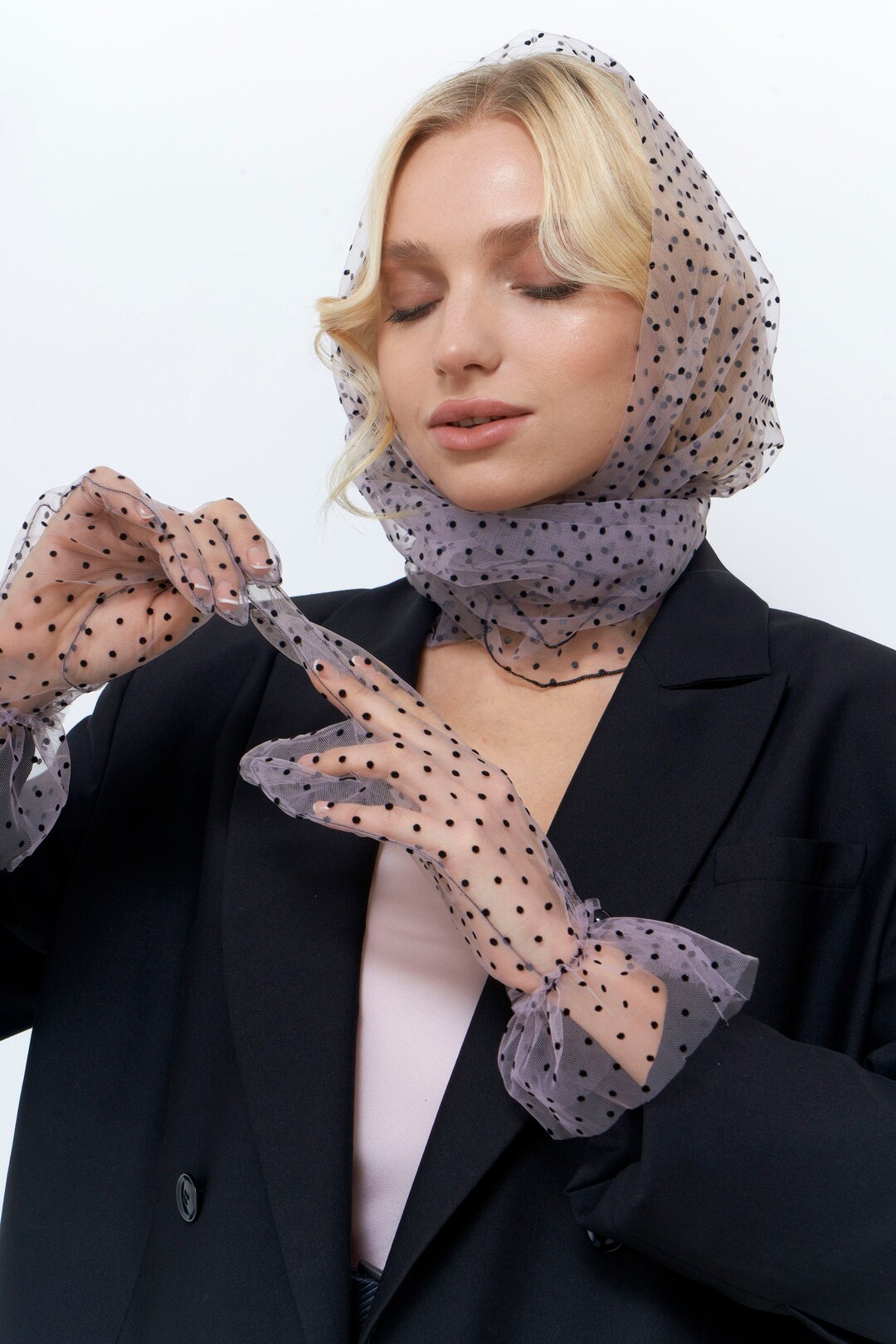 Tulle Gloves for Women, Grey Polka Dot Lace Ruffle Gloves, Pearl Tulle ...