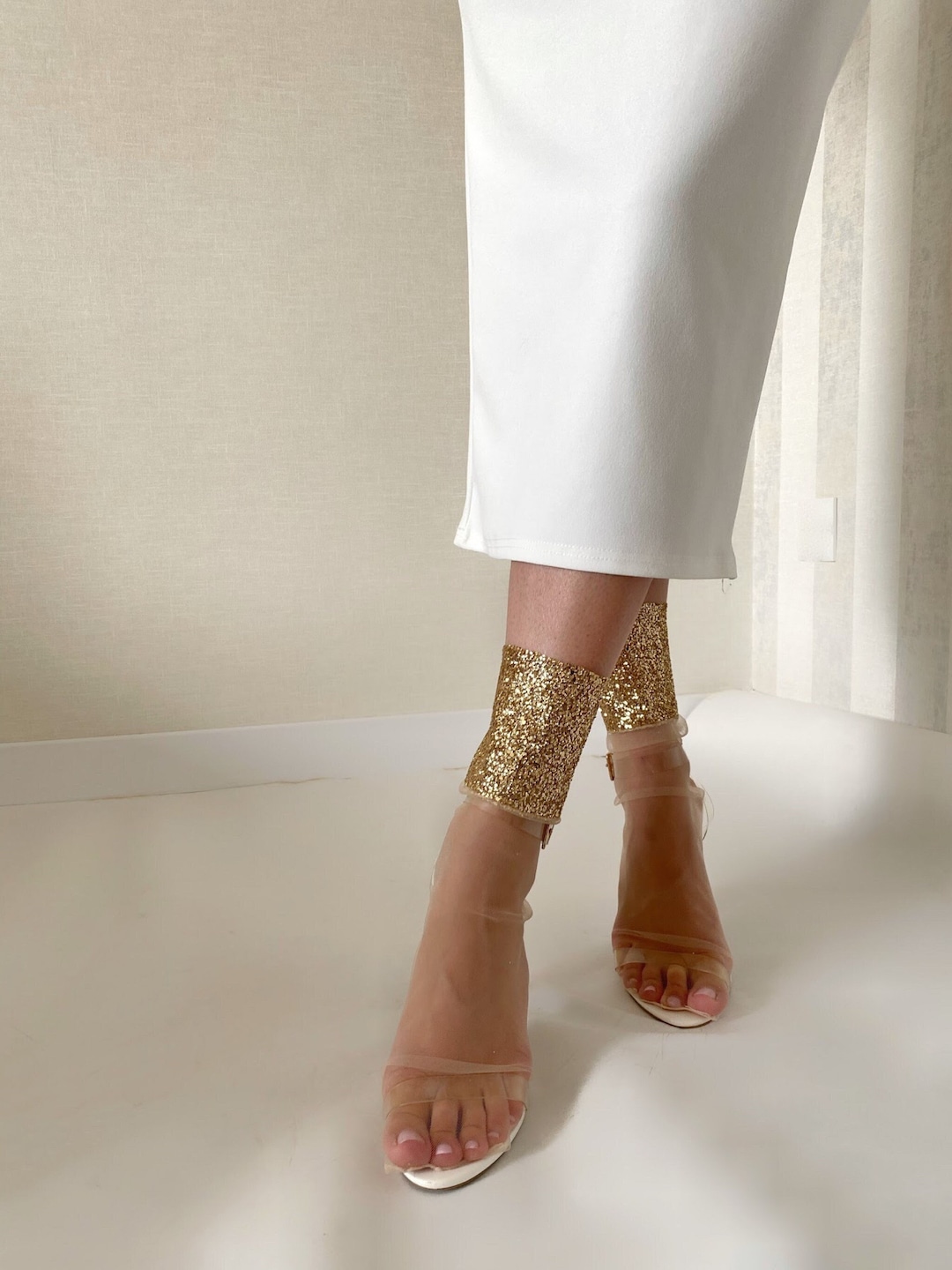 Gold Glitter Tulle Socks, Sheer Trend Mesh Transparent Fashion Socks ...