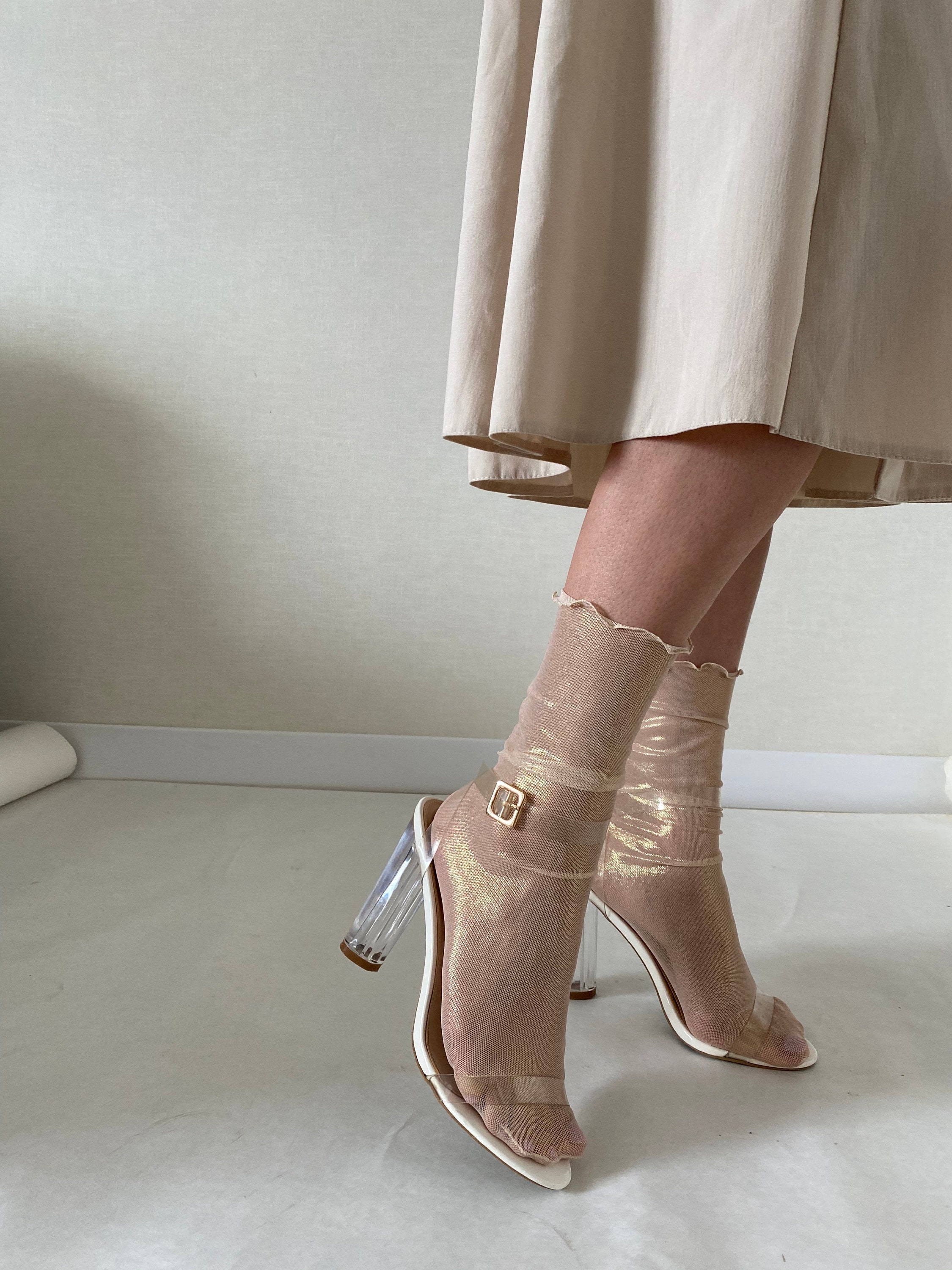 Golden Tulle Socks for Women, Ruffle Women Socks, Gold Lurex Lace Socks ...