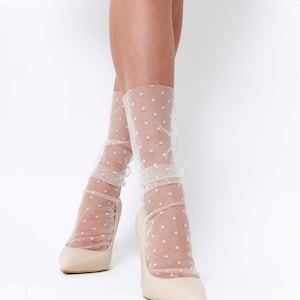 Blue Polka Dot Tulle Socks Sheer Socks Hosiery White Mesh Lace Socks ...