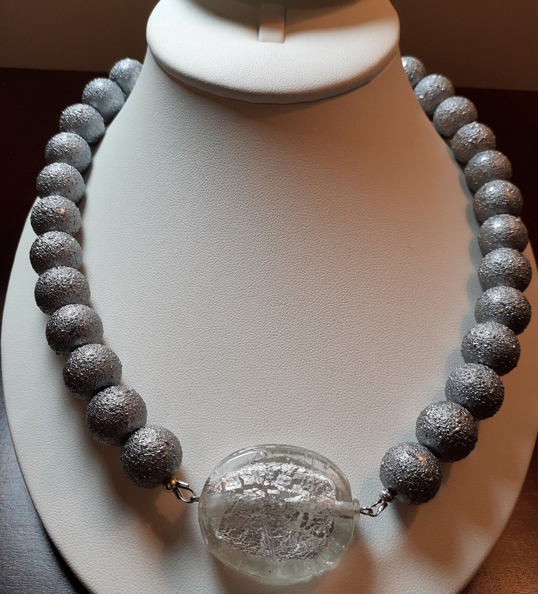 18 Chunky Silver Choker With Large Oval Focal Pendant Necklace Handmade ...