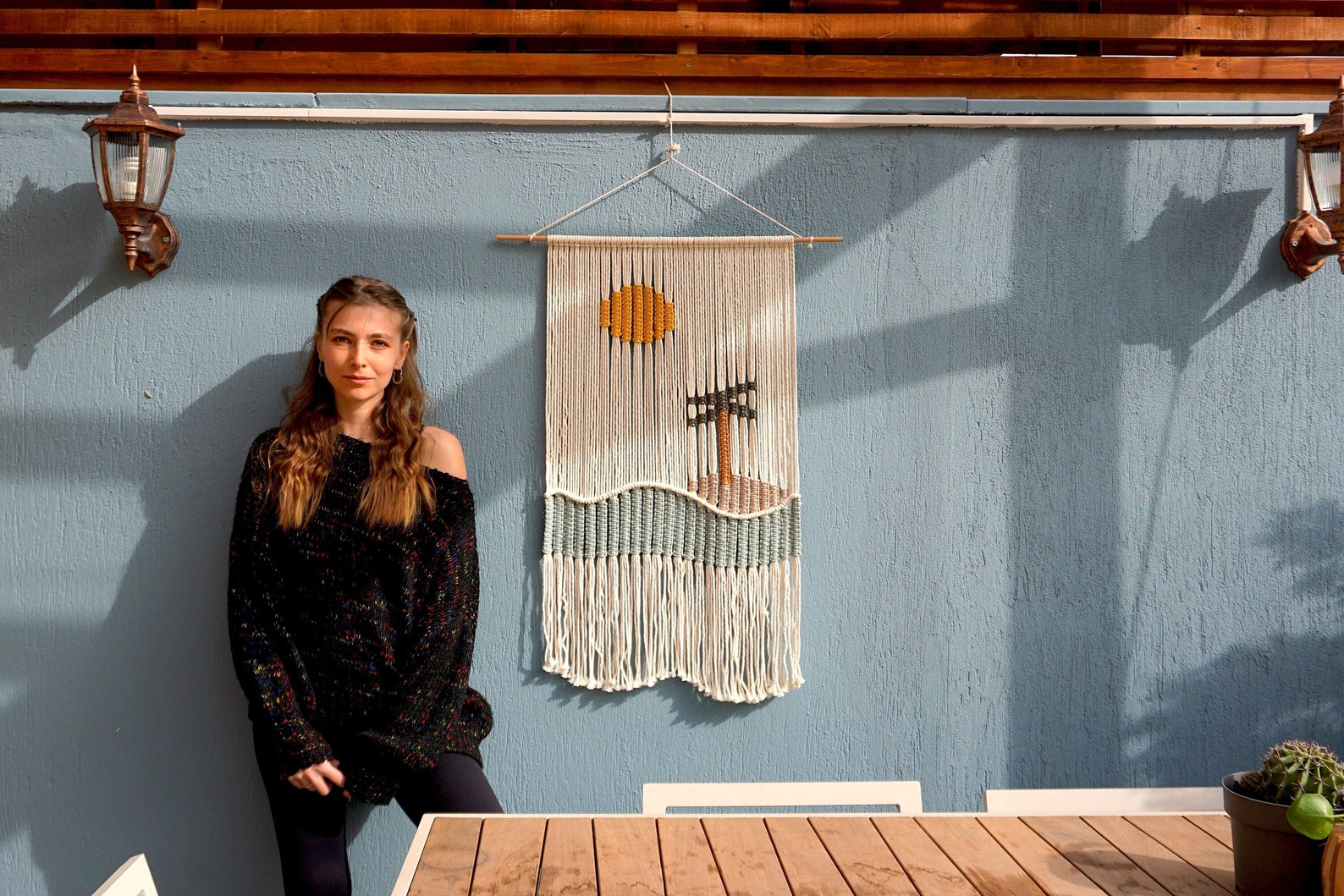 Beachy Macrame Wall Hanging, Tropical Landscape Hand Woven Tapestry ...