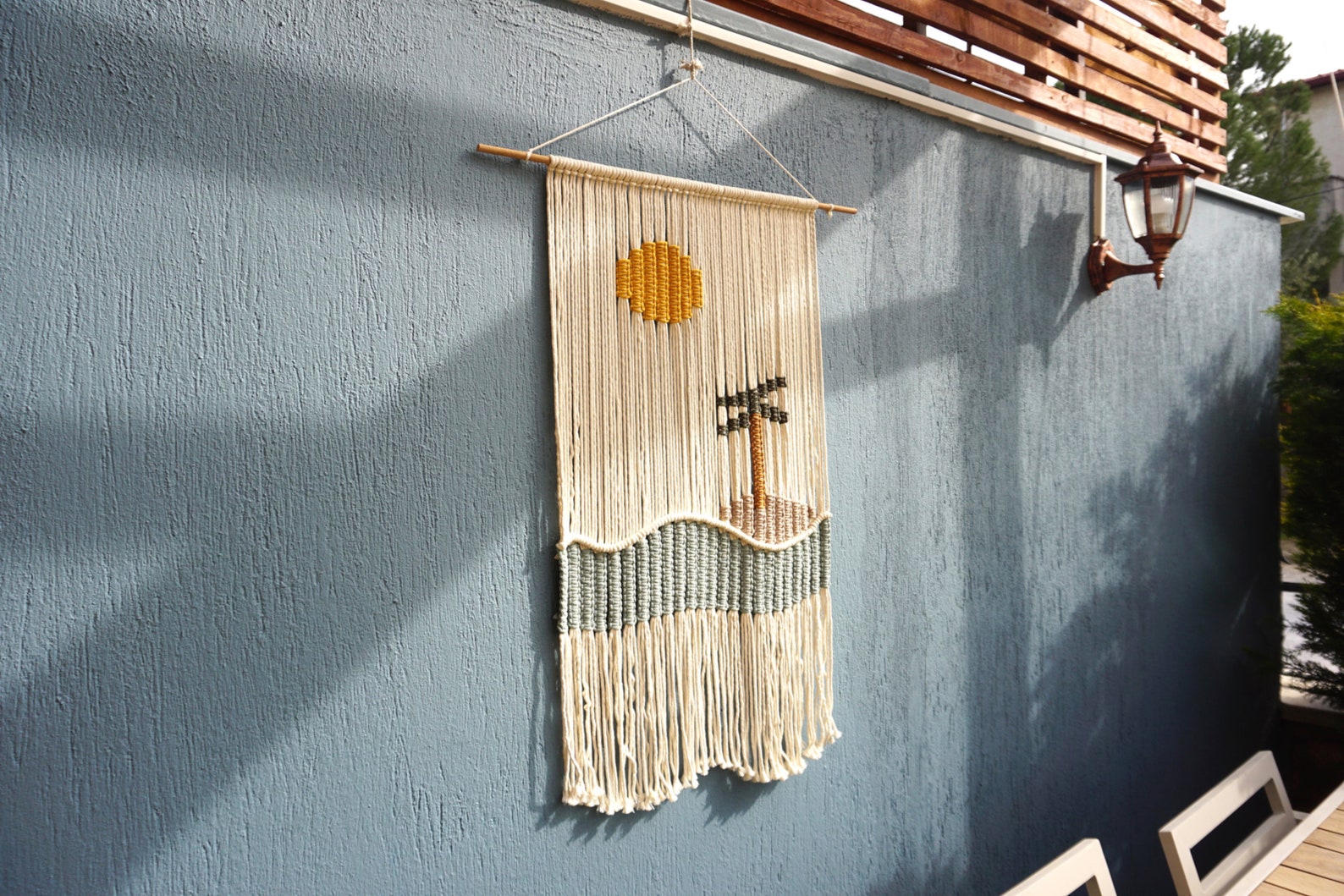 Beachy Macrame Wall Hanging, Tropical Landscape Hand Woven Tapestry ...