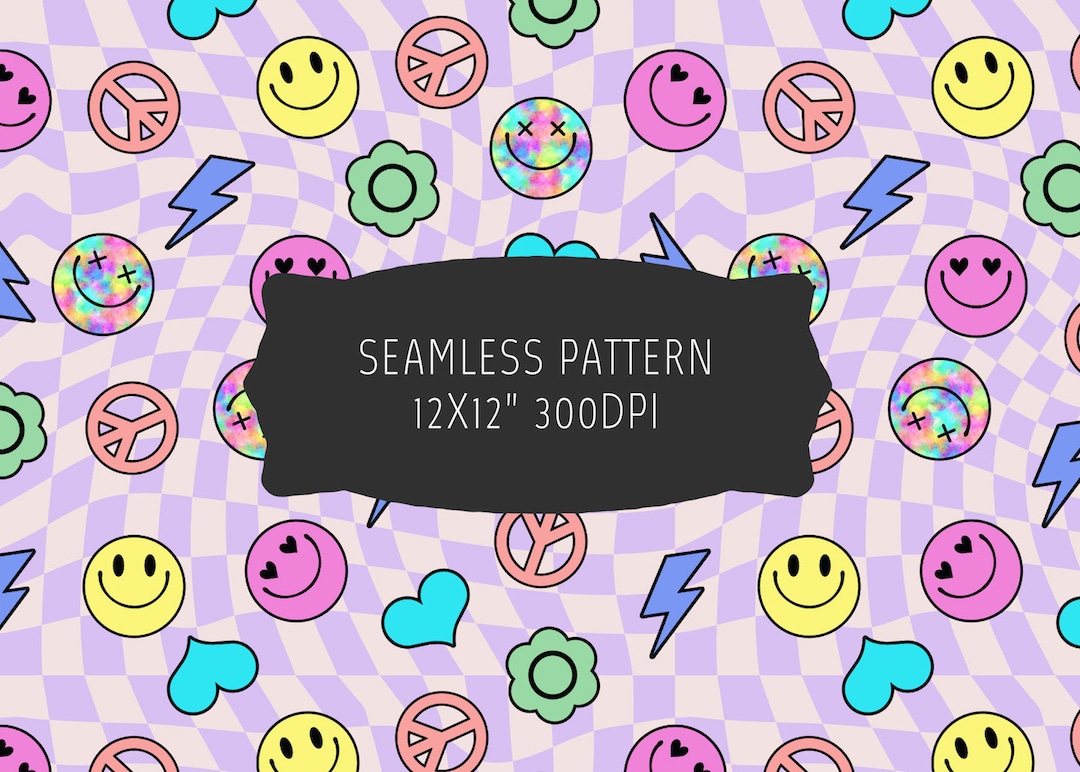 Smiley Checkerboard Y2K 90s Groovy Seamless Pattern Textures, Printable ...