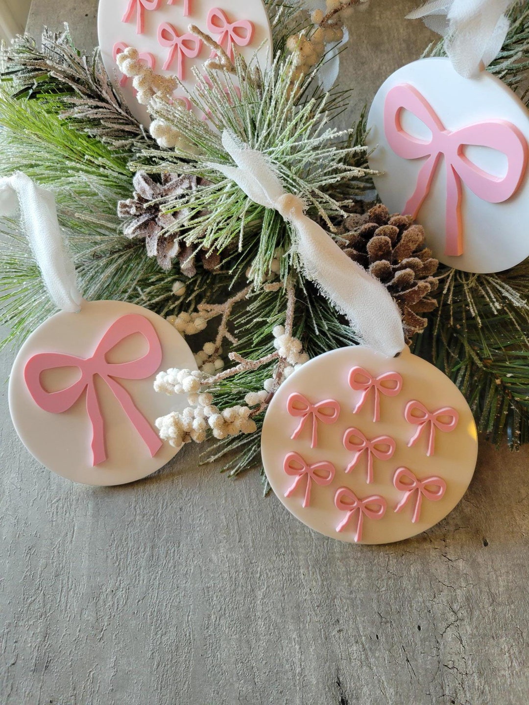 Cute Coquette Bow Ornament Set of 4 | Pink Christmas | White and Pastel ...
