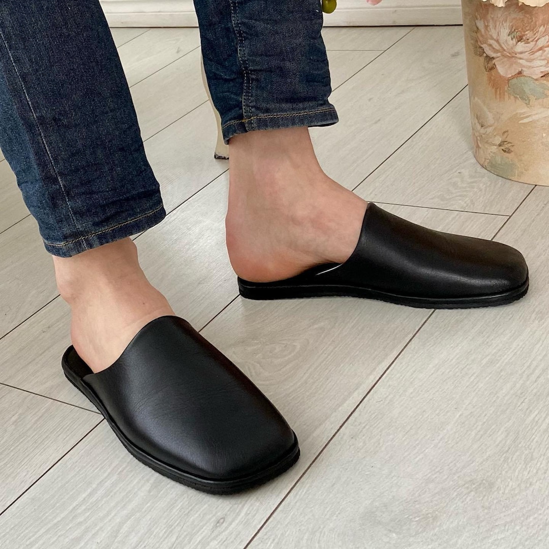 Black Leather Slippers for Men: Soft, Wide, Closed Toe Indoor Shoes - Etsy