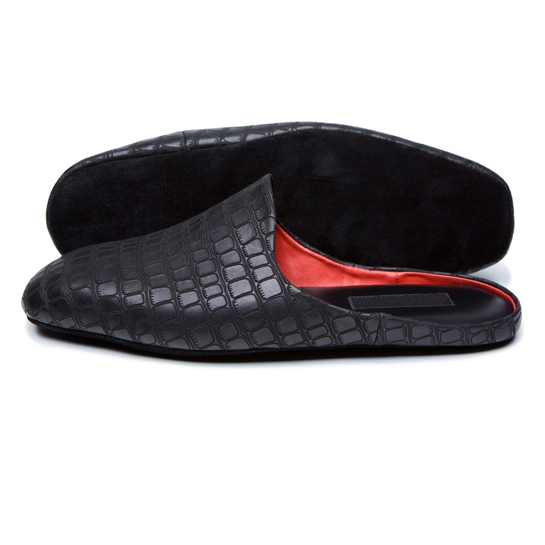 Black Leather Slippers, Slippers for Men, Natural Leather Indoor ...
