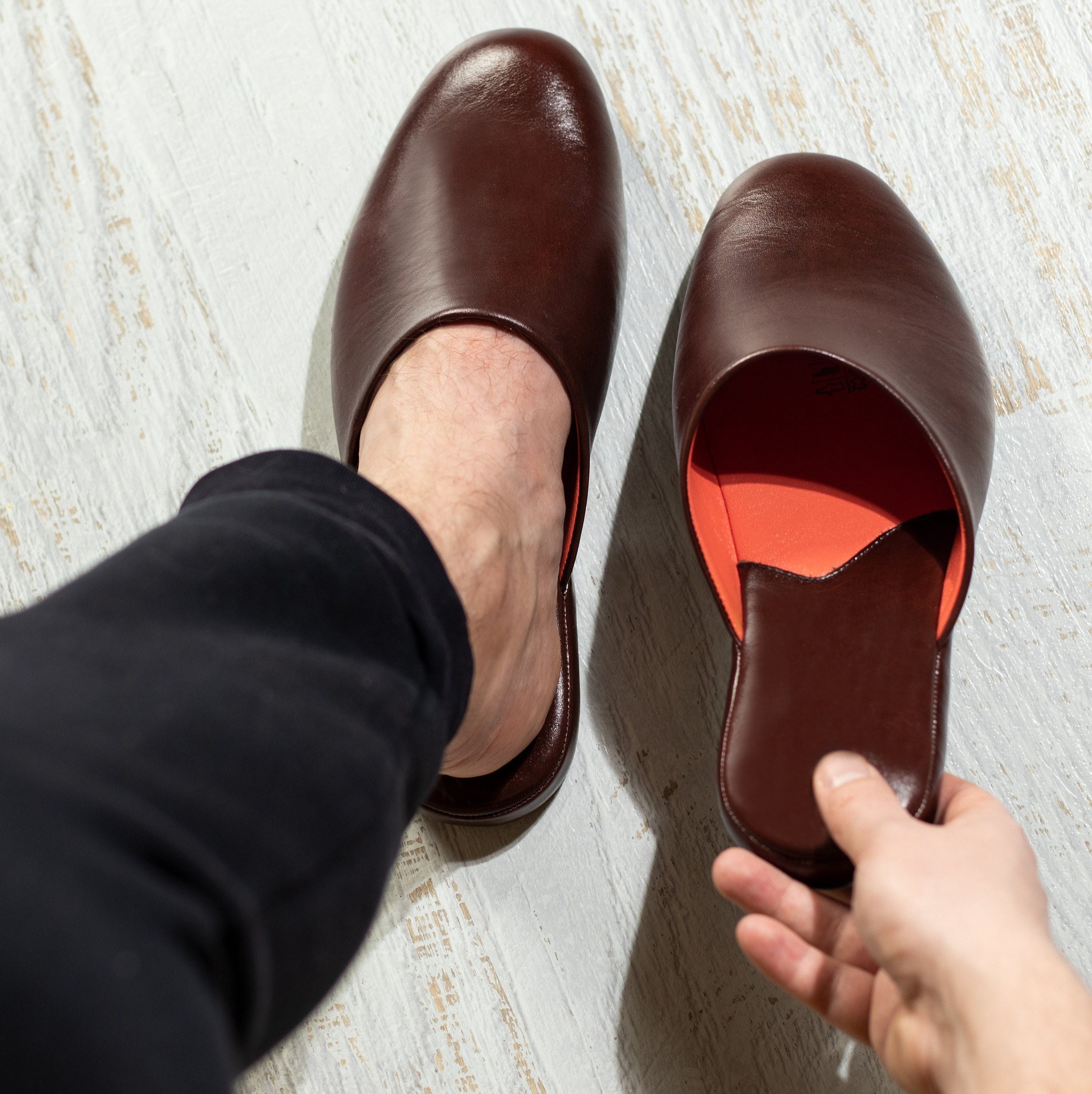 Men Brown Leather Slippers Men Slippers With Natural Strong Suede Non