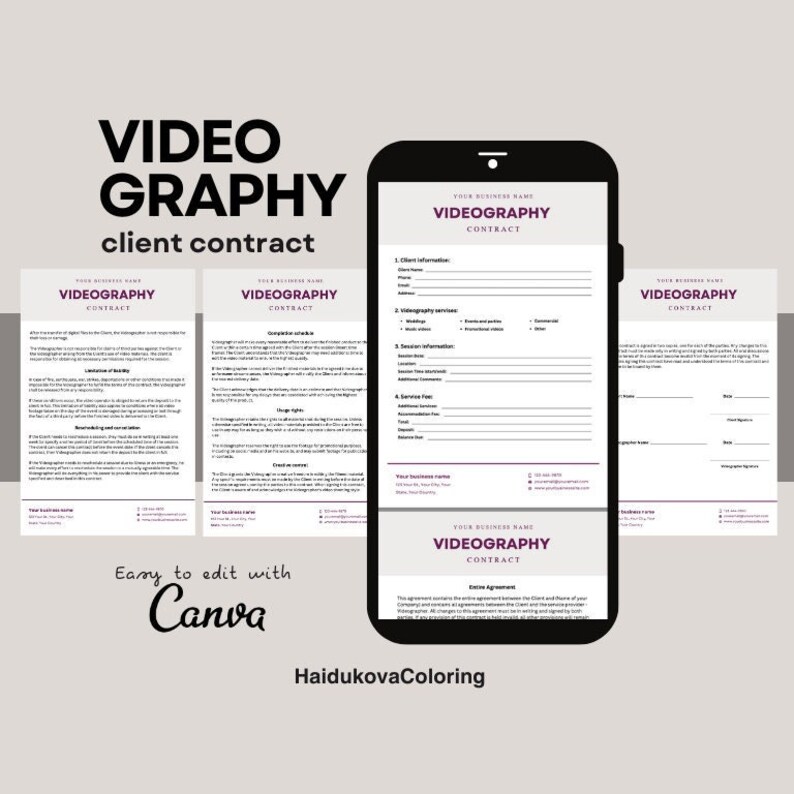 Videography Contract Template | Canva Template | Contract for Videographers | Photography Forms ...