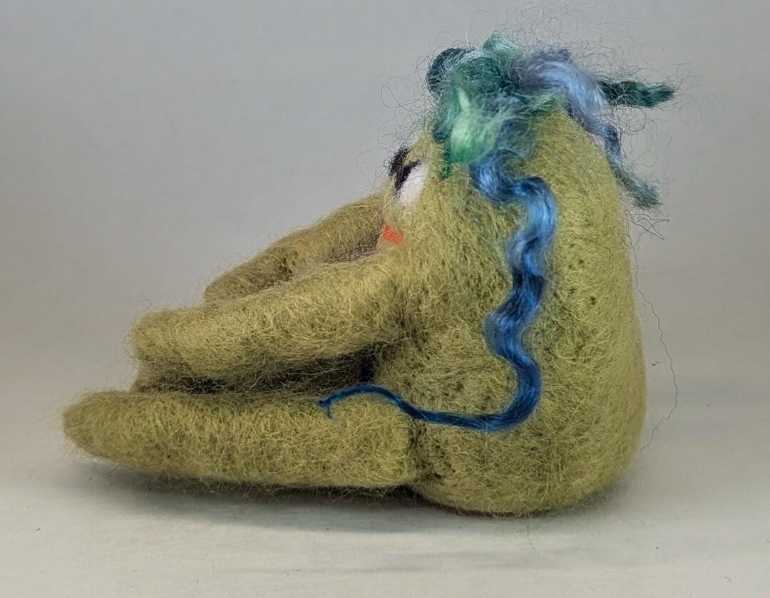 Handmade Needle Felted Monster Doll: Green Wool Creature With Blue Hair ...