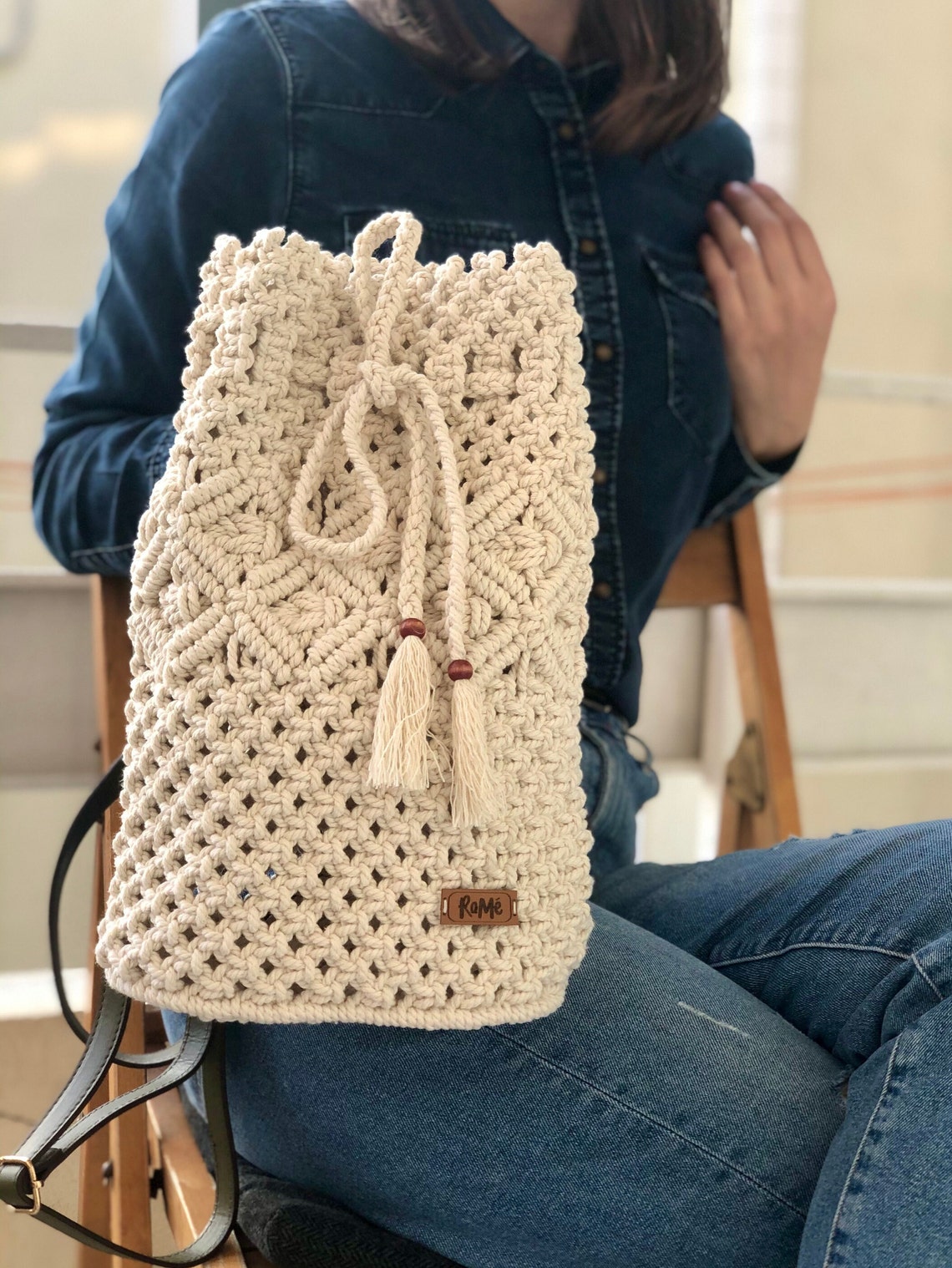 Yellow Macrame Backpack for Girls, Drawstring Backpack, Yellow Backpack, Vintage Backpack Bag ...