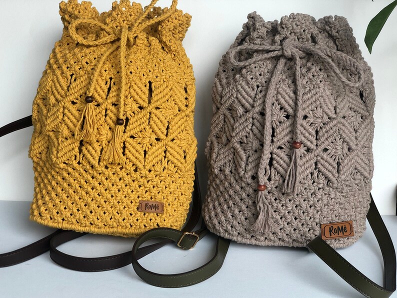Yellow Macrame Backpack for Girls, Drawstring Backpack, Yellow Backpack, Vintage Backpack Bag ...