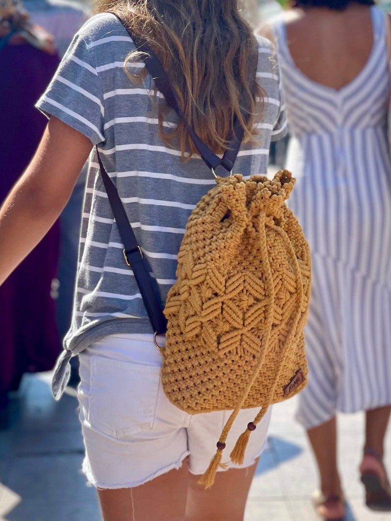 Yellow Macrame Backpack for Girls, Drawstring Backpack, Yellow Backpack, Vintage Backpack Bag ...