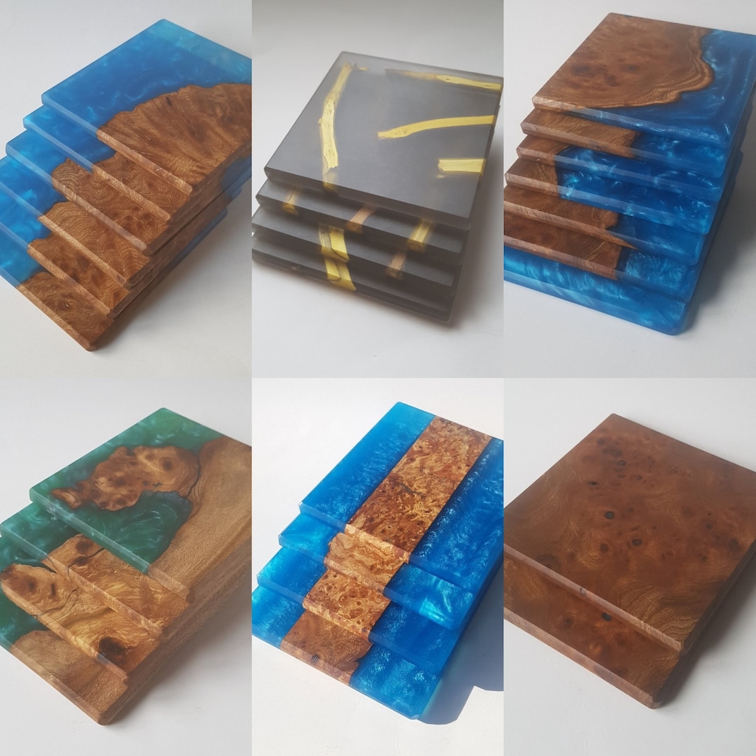 Resin & Wood Coasters River Elm Burl Burr Blue Resin Unique Custom ...