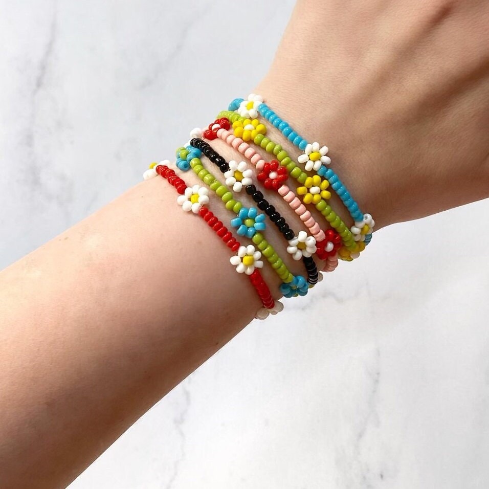 Colorful Beaded Multi Flower Daisy Chain Bracelet Flower Seed Bead ...