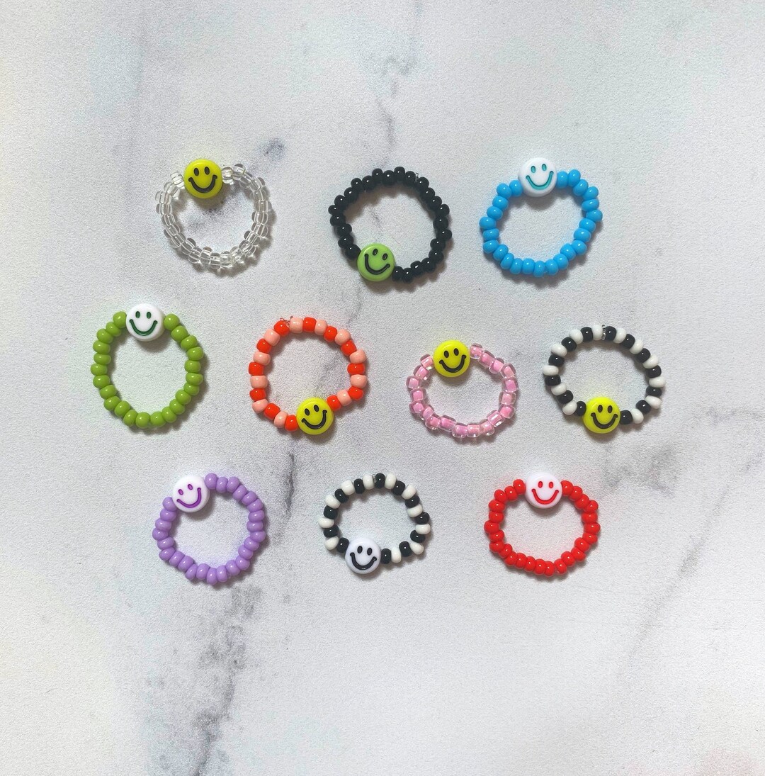Beaded Smiley Face Ring Happy Face Seed Bead Ring Colorful Rainbow ...