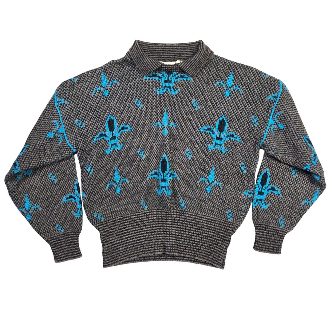 Vintage Jason Maxwell Fleur De Lis Collared Sweater Turquoise L Retro ...
