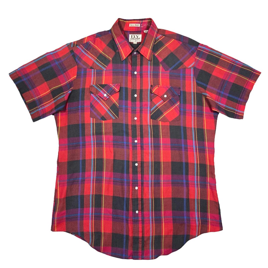 Vintage Ely Cattleman Western Plaid Short Sleeve Tall Man Shirt XL ...