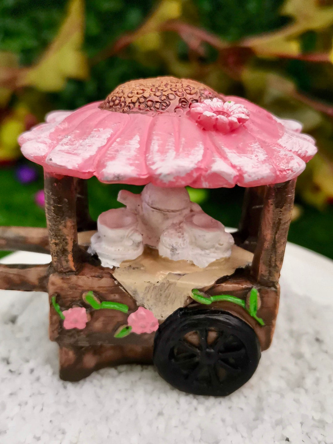 Fairy Garden Flower Tea Cart on Wheels, Flower Wheelbarrow, Spring ...