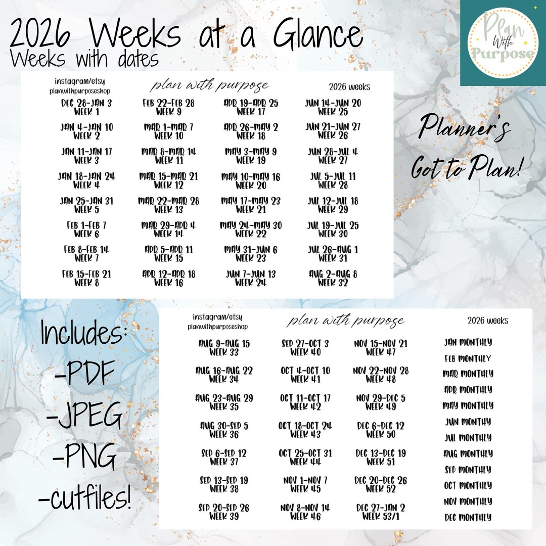 2026 Weeks With Dates - Etsy