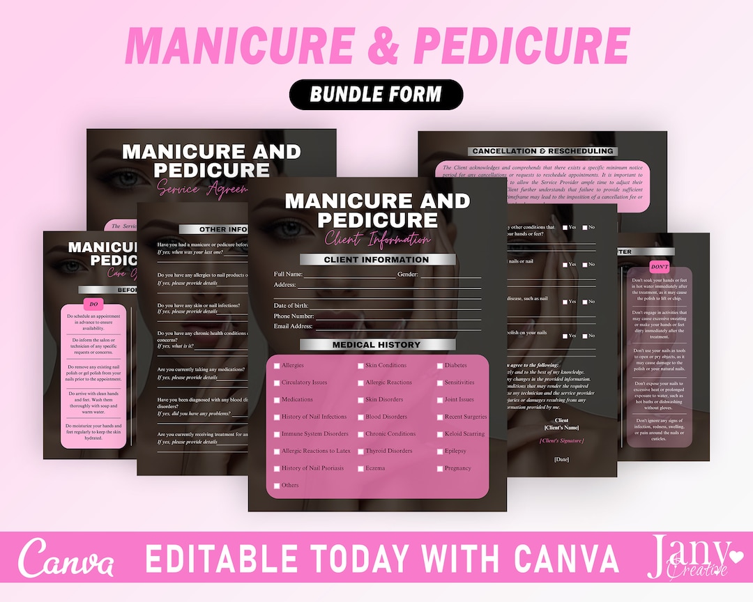 Manicure & Pedicure Contract Form, Manicure Consultation Form, Editable ...