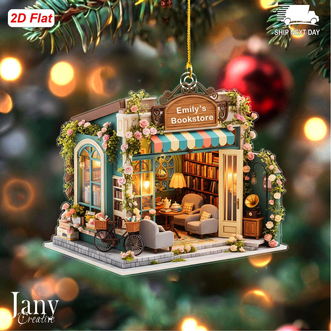 Personalized Book Nook Christmas Ornament, 2D Library Bookstore Scene ...